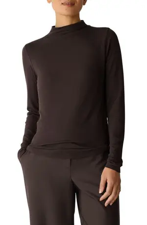 Eileen Fisher Funnel Neck Long Sleeve T-shirt - Coffee