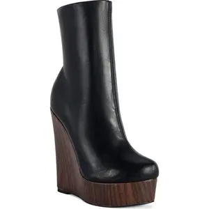 AZALEA WANG Road Faux Leather Platform Wedge Bootie - Black