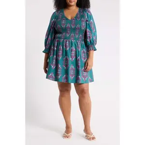 SUGARLIPS Isme Floral Smocked Cotton Fit & Flare Midi Dress - Teal-pink
