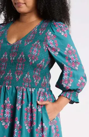 SUGARLIPS Isme Floral Smocked Cotton Fit & Flare Midi Dress