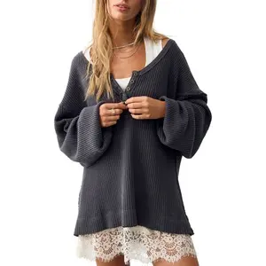 Free People Montreal Henley Thermal Top Black