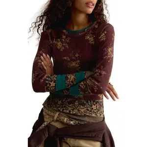 Free People Easy Does It Floral Rib Stretch Cotton Top - Wine Combo