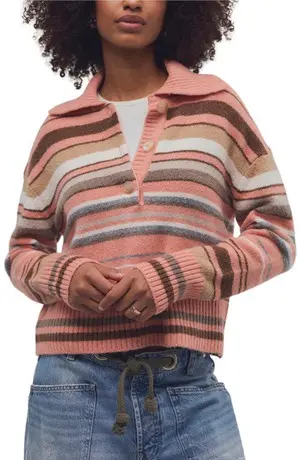 Free People Trading Up Stripe Polo Sweater - Peach Combo