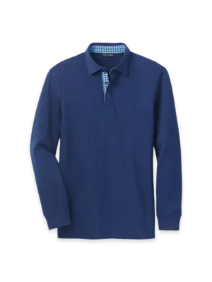 PAUL FREDRICK Long Sleeve Cotton Jersey 3-button Polo With Patterned Trim Navy