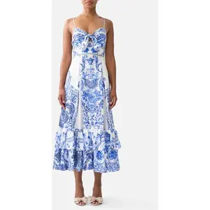 Camilla Ruffle Hem Tie Front Midi Dress - Ceramic Panoramic