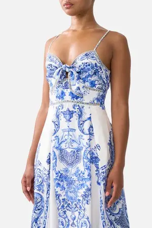 Camilla Ruffle Hem Tie Front Midi Dress