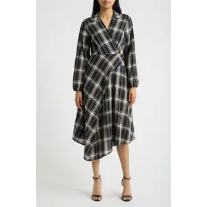 CITY BLUES Long Sleeve Asymmetric Plaid Shirtdress Black