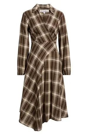 CITY BLUES Long Sleeve Asymmetric Plaid Shirtdress - Brown