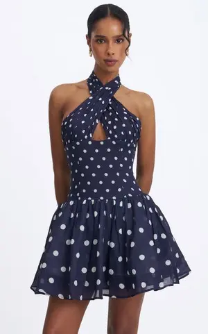 MISS CIRCLE NEW YORK Yamina Polka Dot Ramie Crossover Halter Gathered Mini Dress - Navy
