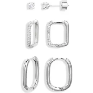 Nordstrom Set Of 3 Studs & Square Pavé Hoop Earring Set - Clear- Silver