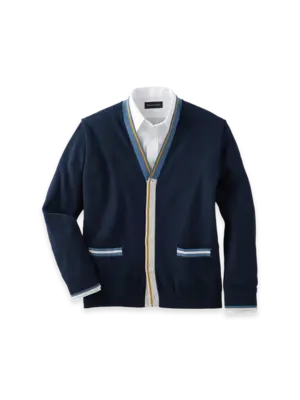 PAUL FREDRICK Cotton Button Front Cardigan Sweater - Navy/gold