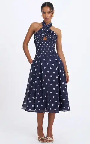 MISS CIRCLE NEW YORK Nuri Polka Dot Ramie Crossover Halter A-line Midi Dress - Navy