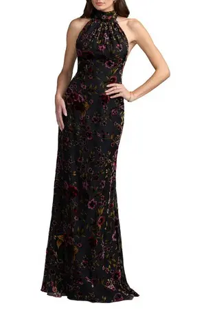 Mac Duggal Sleeveless Velvet Halter Neck Gown With Drape - Black Multi