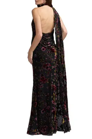 Mac Duggal Sleeveless Velvet Halter Neck Gown With Drape