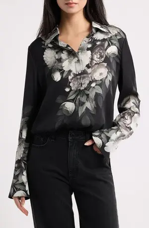 Kobi Halperin Kit Placed Floral Stretch Silk Georgette Button-up Shirt - Black Multi