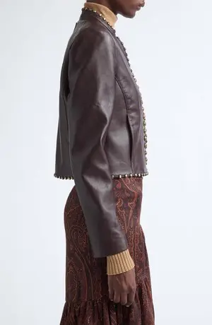 Etro Crop Studded Leather Jacket - Bordeaux