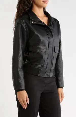 Halogen High Neck Faux Leather Bomber Jacket