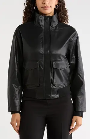 Halogen High Neck Faux Leather Bomber Jacket