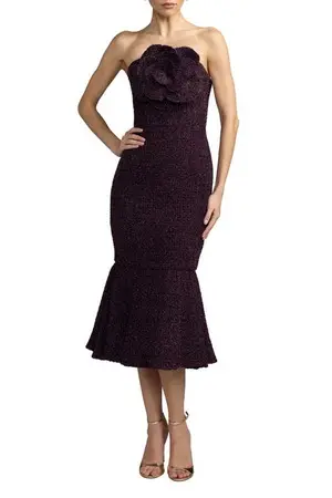 Mac Duggal Strapless Boucle Midi Dress With 3d Flower - Aubergine
