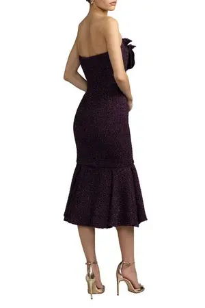 Mac Duggal Strapless Boucle Midi Dress With 3d Flower