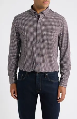 Johnston & Murphy Xc+™ Motion Microprint Knit Button-up Shirt - Rust/navy Stacked Triangle