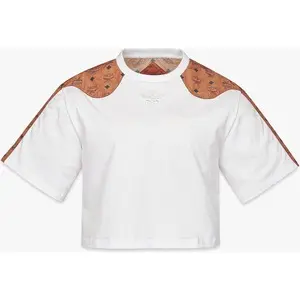 Mcm Laurel Cropped T-shirt In Cotton And Monogram Econyl - White
