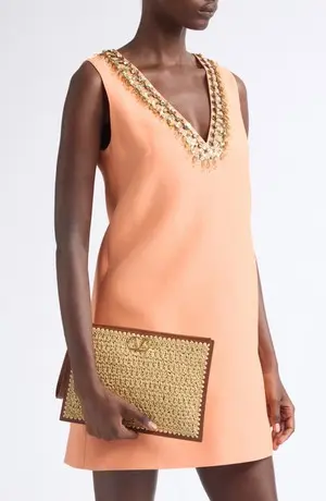 Valentino Garavani Large Crocheted Raffia Effect Flat Pouch Wristlet