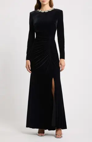 Eliza J Rhinestone Detail Long Sleeve Velvet Gown - Black