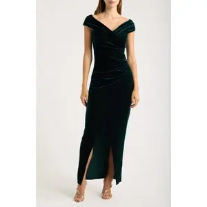 Vince Camuto Draped Off The Shoulder Velvet Sheath Gown - Hunter