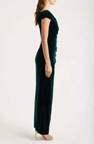 Vince Camuto Draped Off The Shoulder Velvet Sheath Gown
