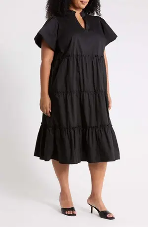 SUGARLIPS Noelle Split Neck Tiered Cotton Dress