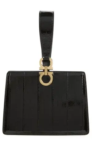 FERRAGAMO Double Gancio Patent Leather Clutch - Nero