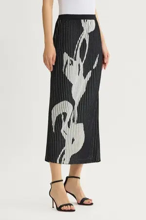 Ming Wang Straight Floral Soft Ribbed Knit Maxi Skirt