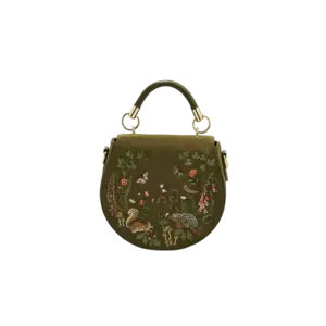 FABLE ENGLAND Charlotte Meadow Scene Embroidered Faux Suede Saddle Purse - Khaki