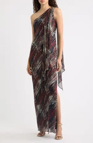 VINCE CAMUTO Metallic Abstract Print One-shoulder Chiffon Gown