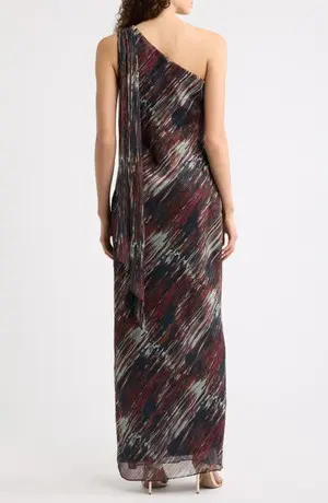 Vince Camuto Metallic Abstract Print One-shoulder Chiffon Gown