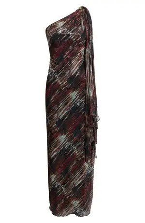 Vince Camuto Metallic Abstract Print One-shoulder Chiffon Gown