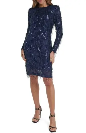 Eliza J Sequin Fringe Long Sleeve Cocktail Dress - Navy