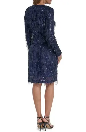Eliza J Sequin Fringe Long Sleeve Cocktail Dress - Navy