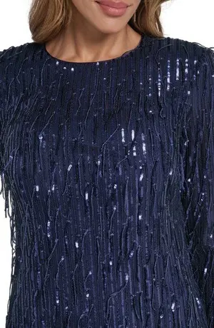Eliza J Sequin Fringe Long Sleeve Cocktail Dress - Navy