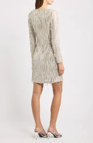 Eliza J Sequin Fringe Long Sleeve Cocktail Dress