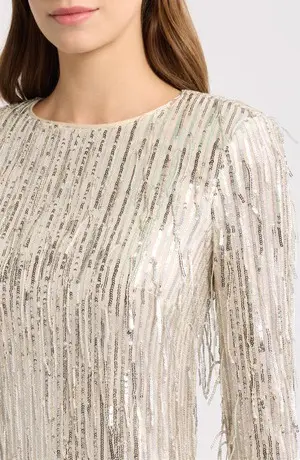 Eliza J Sequin Fringe Long Sleeve Cocktail Dress