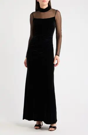 Eliza J Mock Neck Long Sleeve Mixed Media Gown - Black