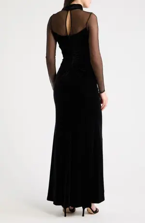 Eliza J Mock Neck Long Sleeve Mixed Media Gown