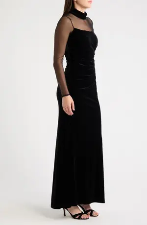 Eliza J Mock Neck Long Sleeve Mixed Media Gown
