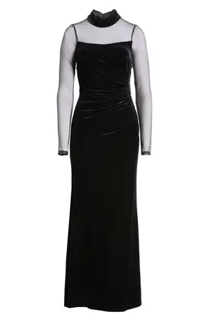 Eliza J Mock Neck Long Sleeve Mixed Media Gown