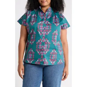 SUGARLIPS Patma Folklore Mock Neck Cotton Button-up Top