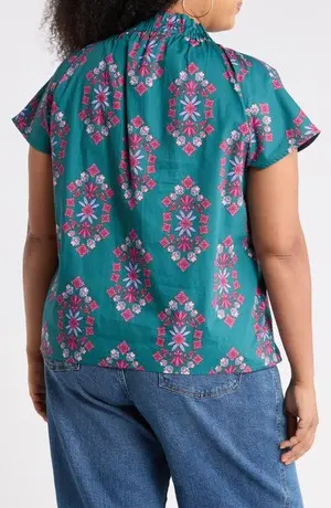 SUGARLIPS Patma Folklore Mock Neck Cotton Button-up Top