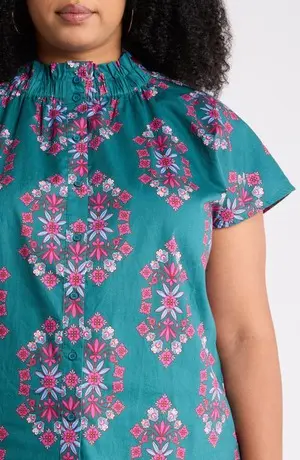 SUGARLIPS Patma Folklore Mock Neck Cotton Button-up Top