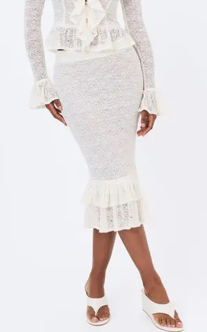 MISS CIRCLE NEW YORK Urvi Crochet Ruffle Midi Skirt - White